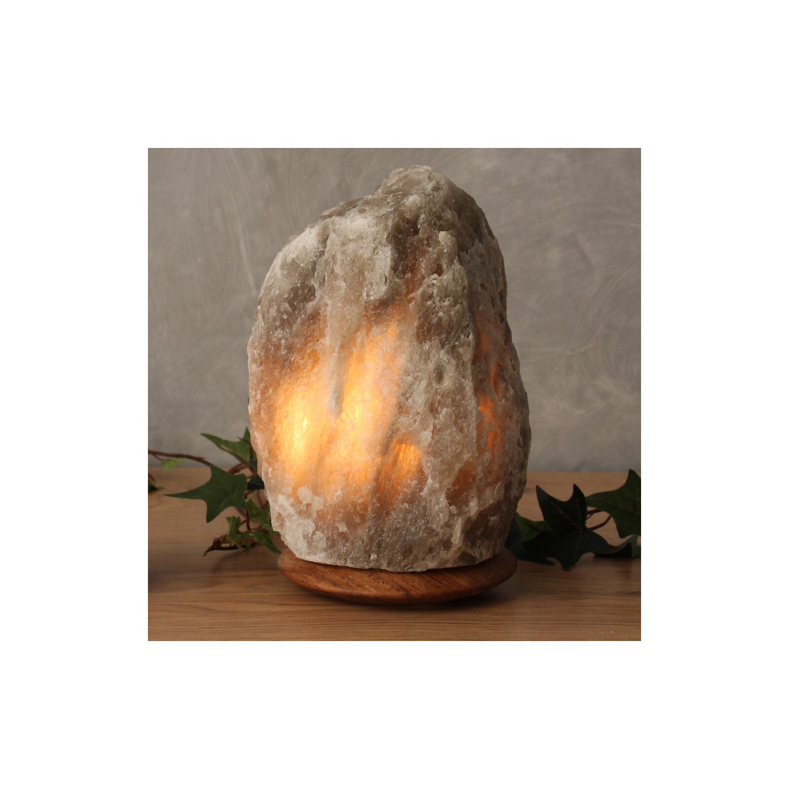 Illuminated Salt Crystal ROCK, Grey Line, ca. 2-3 kg, with wooden bas